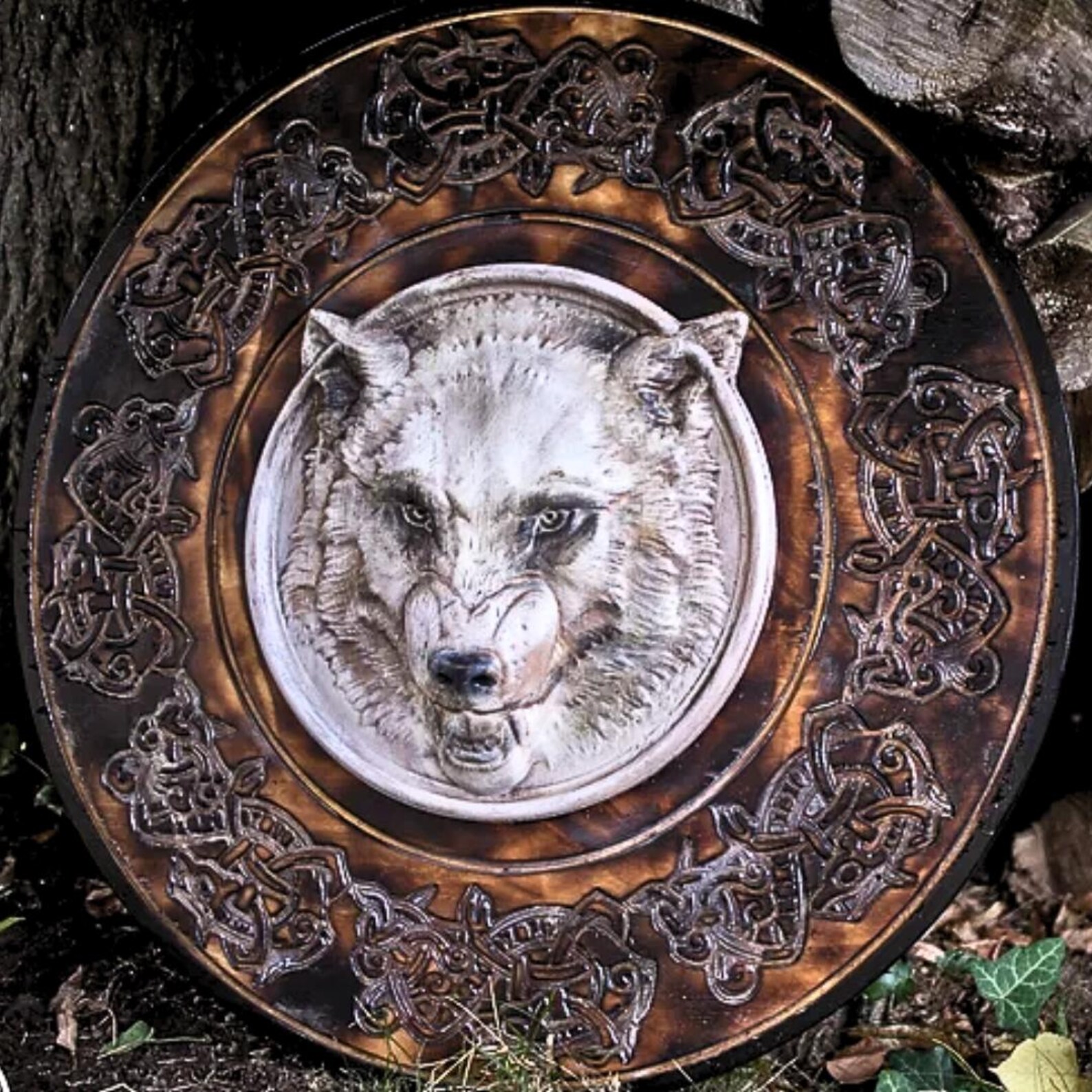 Wolf Shield Wooden Engraved Hand Armor Medieval Shield Vintage Style MASSIVE White Wolf Norse ...