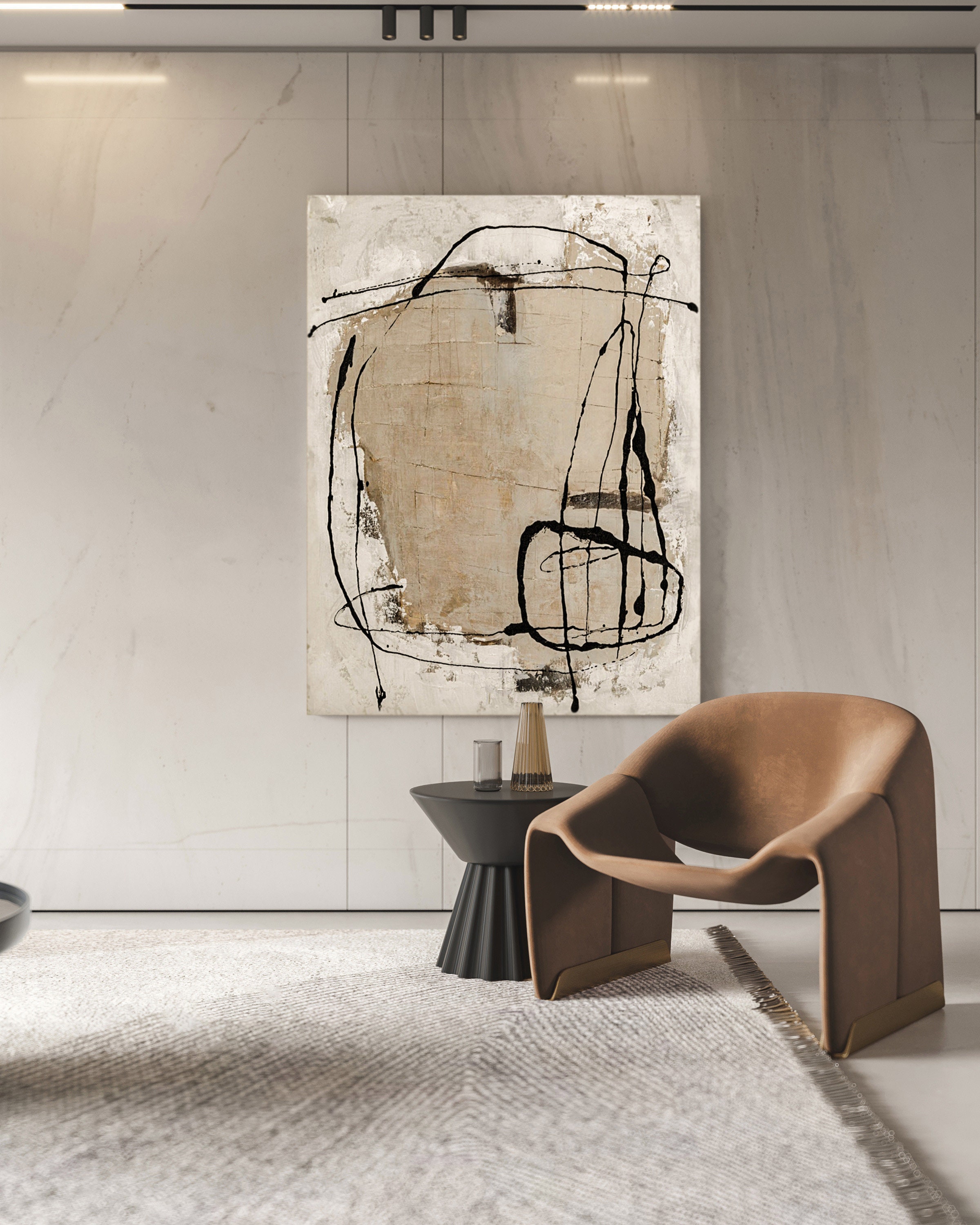 Beige und Schwarz Abstrakte Malerei auf Leinwand Wabi Sabi Wand Kunst Braune Strukturierte Kunst ...