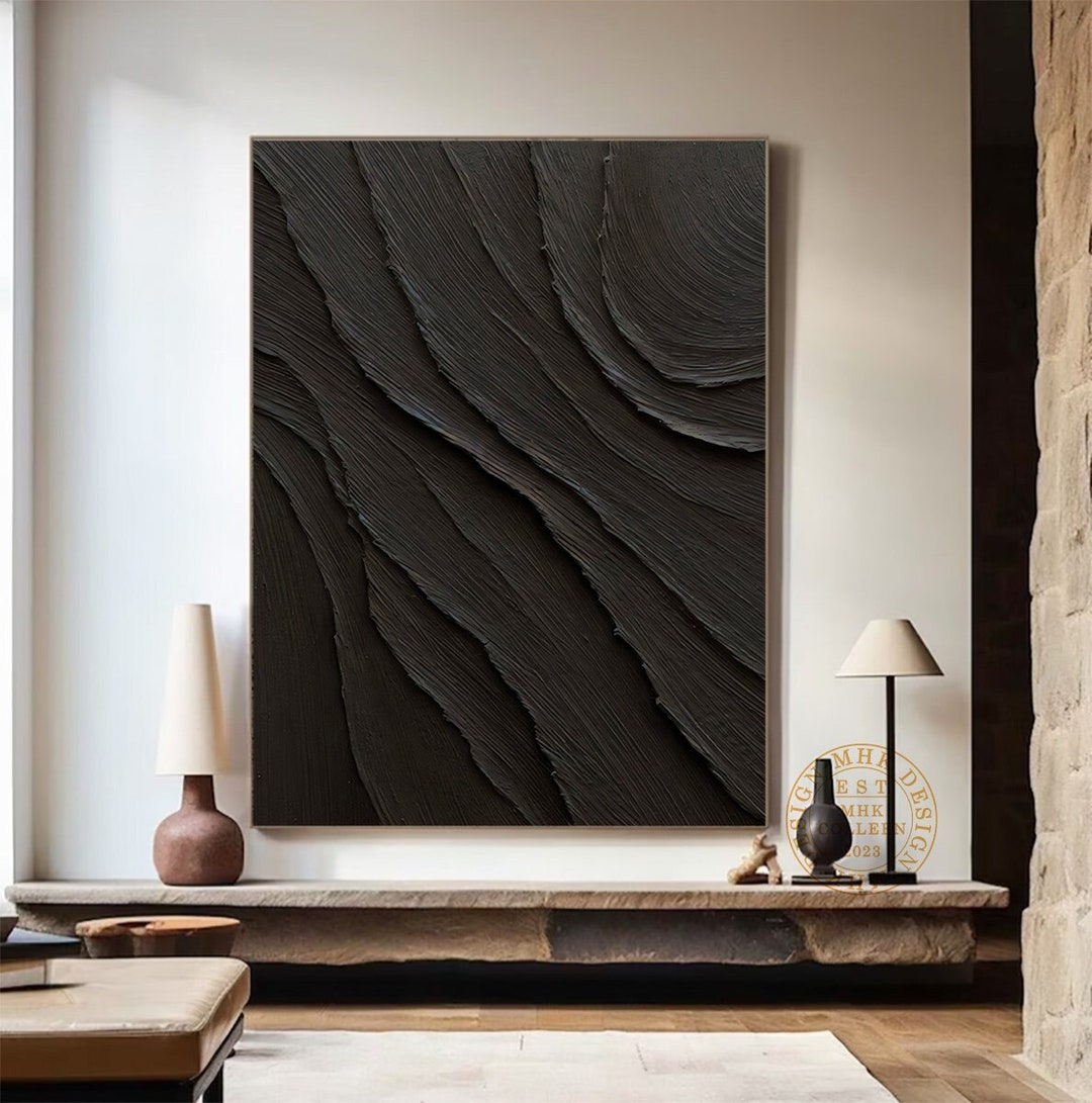 Minimalist Pure Black Wall Art Black Abstract Painting on Canvas 3D ...