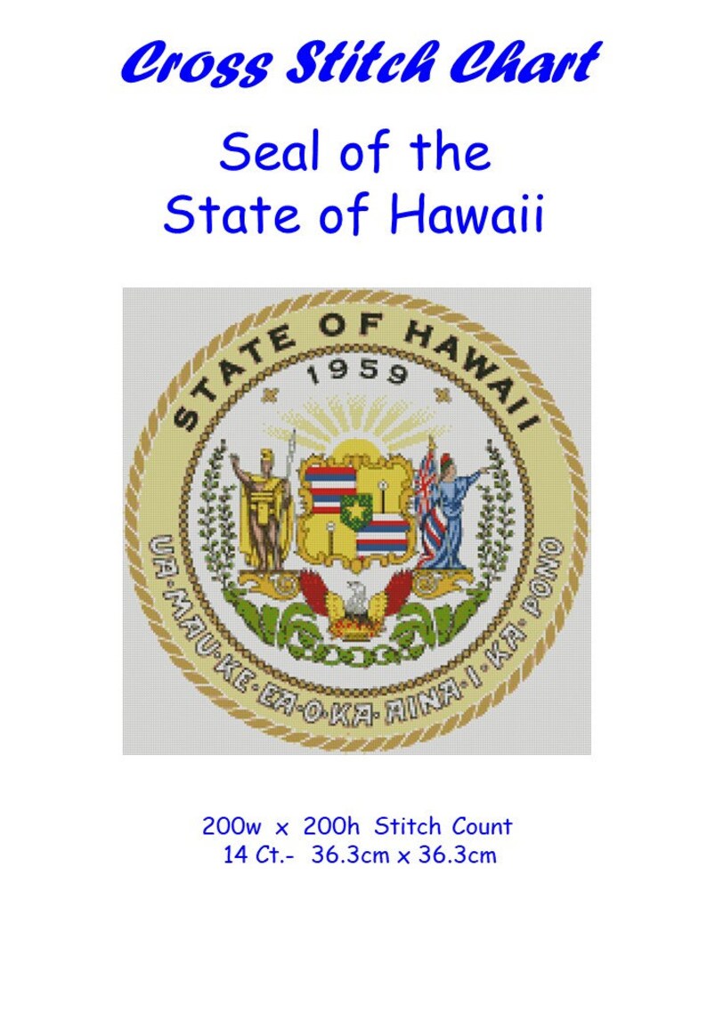Cross Stitch Chart, Pattern, Hawaii, State, Seal, Emblem, Badge - Etsy