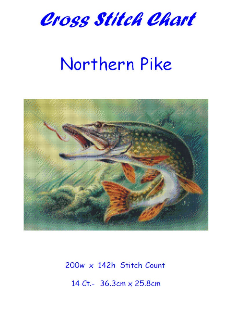 Cross Stitch Chart, Pattern, Pike, Musky, Northern, Fish, Fishing ...