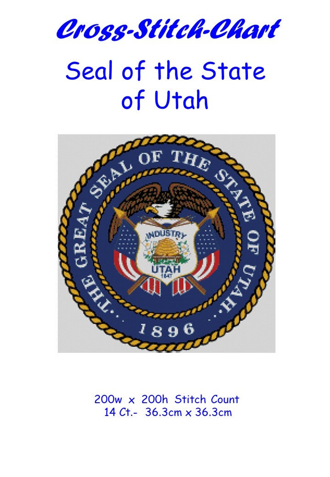 Cross Stitch Chart, Pattern, Utah, State, Seal, Emblem, Badge - Etsy