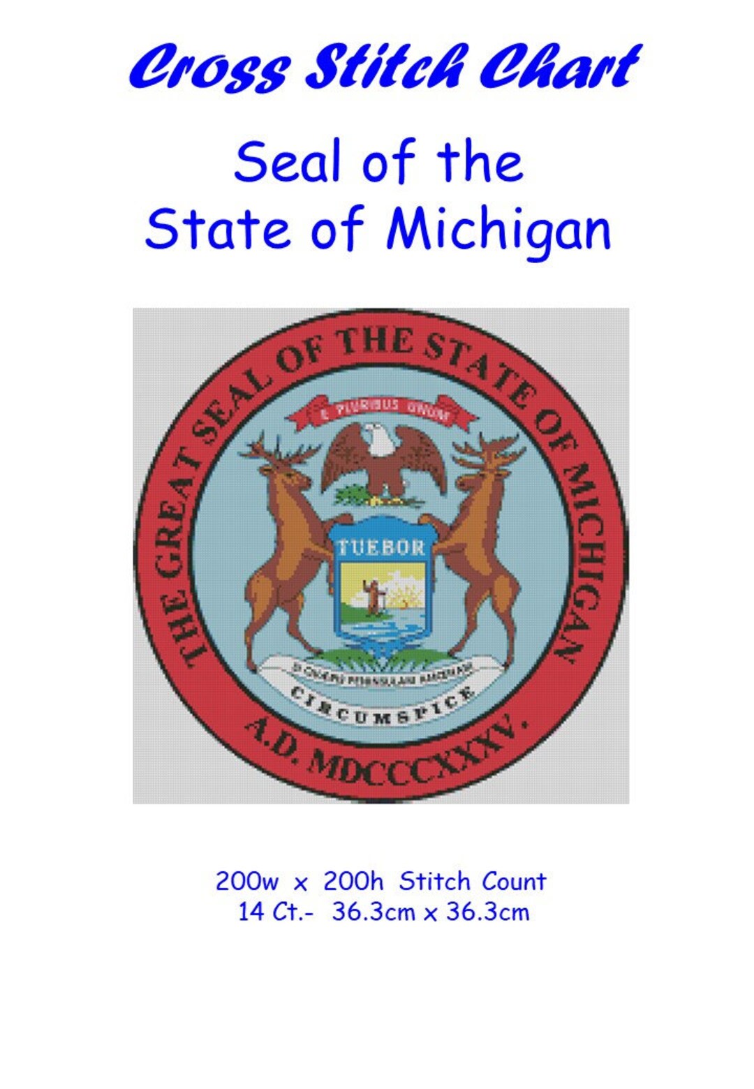Cross Stitch Chart, Pattern, Michigan, State, Seal, Emblem, Badge - Etsy