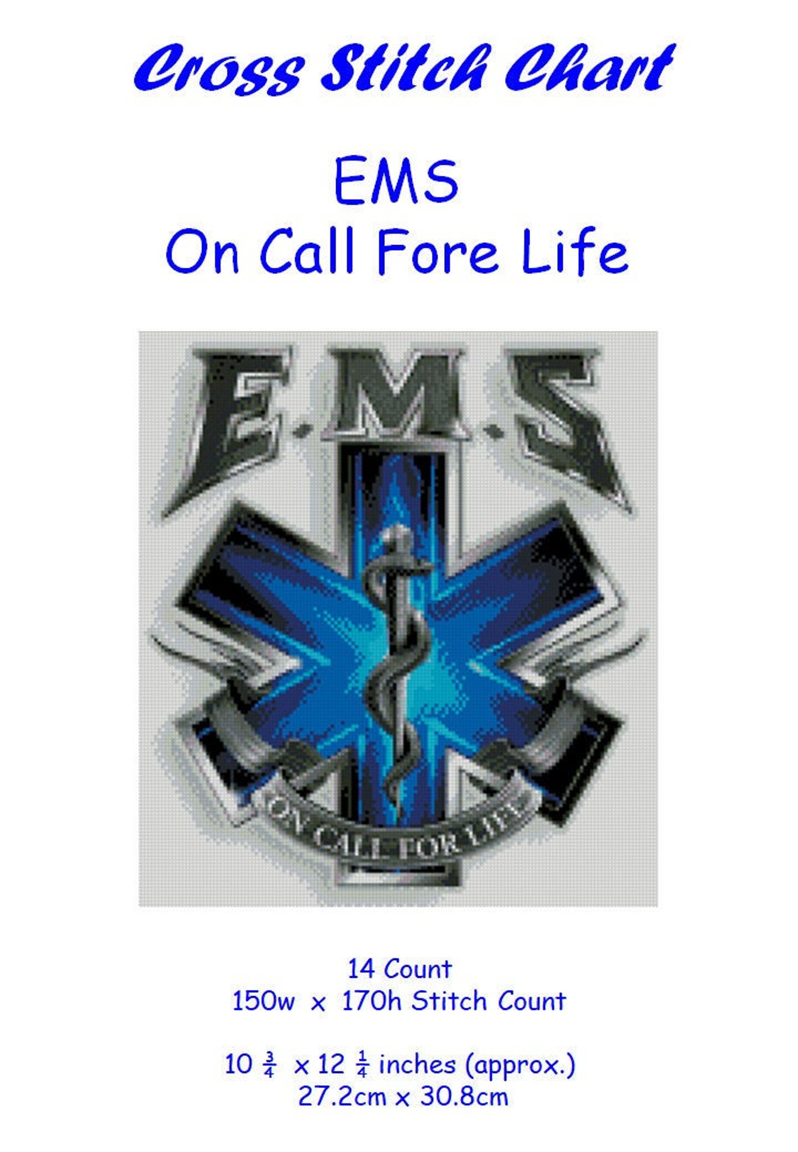 Cross Stitch Chart, Pattern, EMS, on Call, EMT, Star of Life, Medic ...