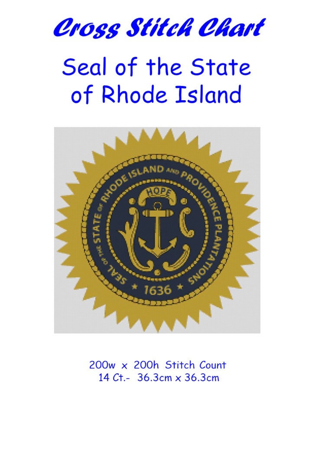 Cross Stitch Chart, Pattern, Rhode Island, State, Seal, Emblem, Badge ...