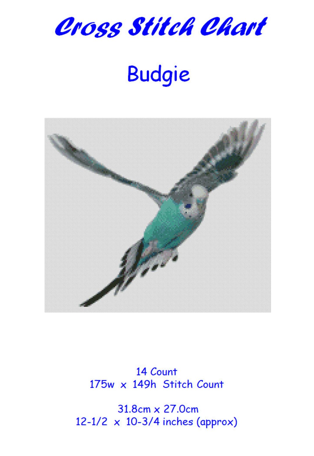 Cross Stitch Chart, Pattern, Budgie, Budgerigar, Bird, Parakeet, Blue ...