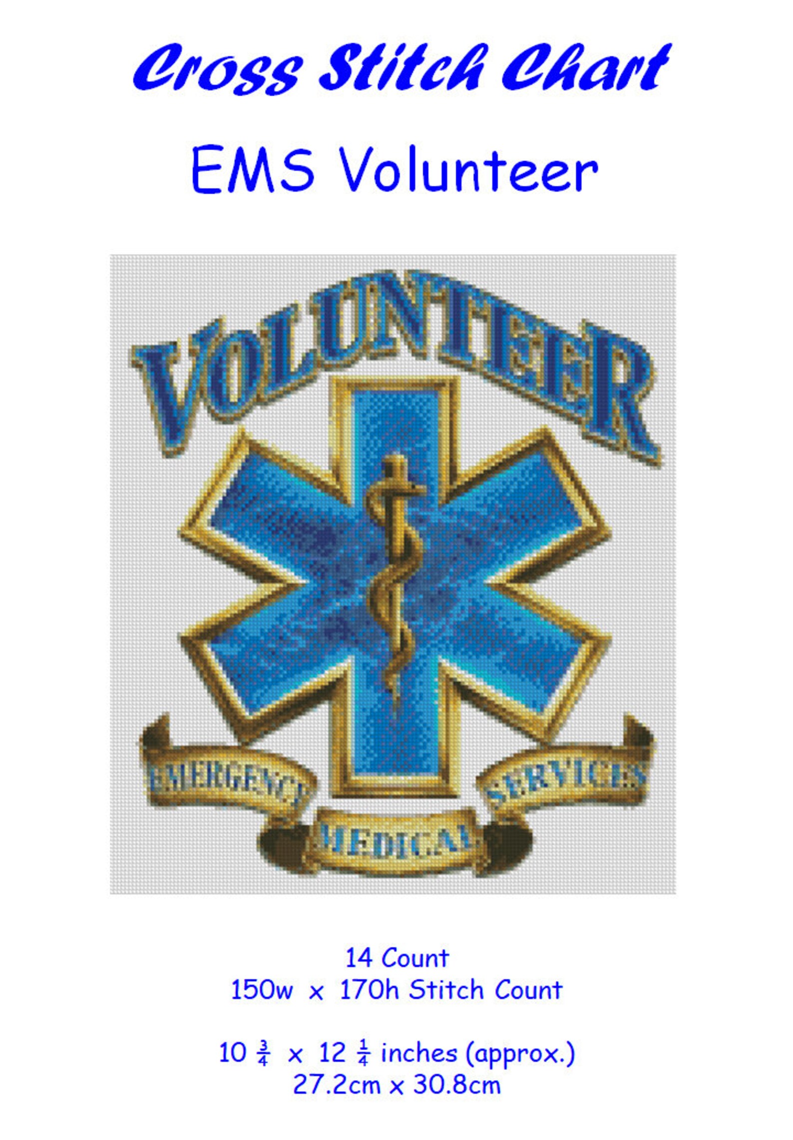 Cross Stitch Chart, Pattern, Volunteer, EMT, EMS, Star of Life, Medic ...