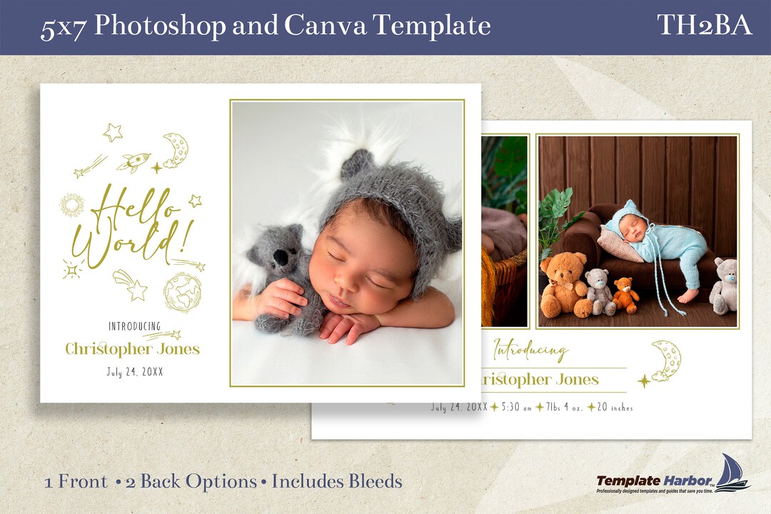 Birth Announcement Photoshop and Canva Photo Templates for Newborns ...
