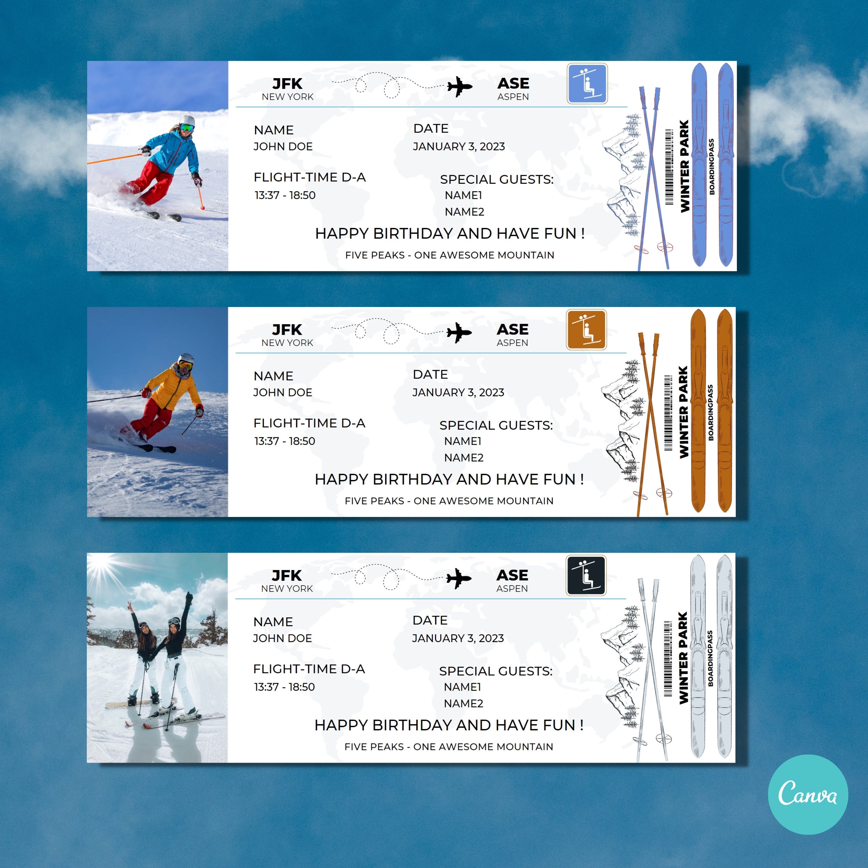 Editable Ski Trip Invite, Printable Boarding Pass Ski, Canva Boarding ...