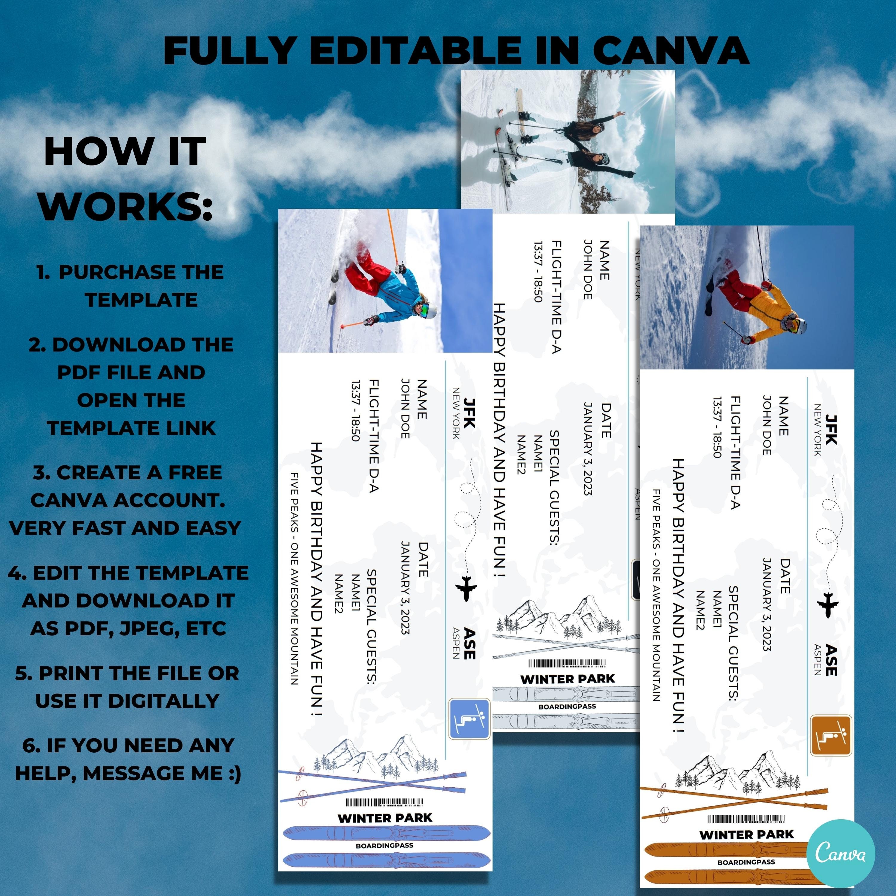 Editable Ski Trip Invite, Printable Boarding Pass Ski, Canva Boarding ...