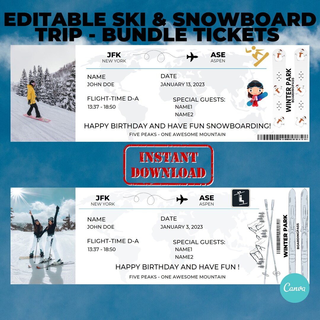 Canva Snowboard & Ski Trip Invite Template, Bundle, Printable Boarding ...