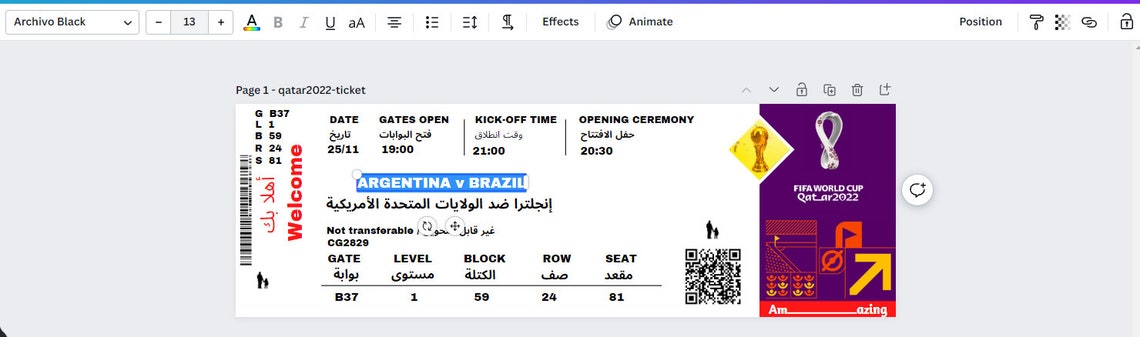 Editable WC22 Canva Ticket Template, Printable Qatar WC22 Ticket, Best ...