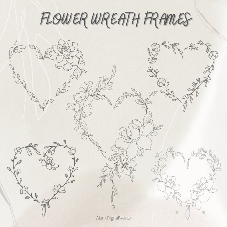 Flower Heart Wreath PNG Bundle, Floral Wreath PNG, Border PNG, Heart ...