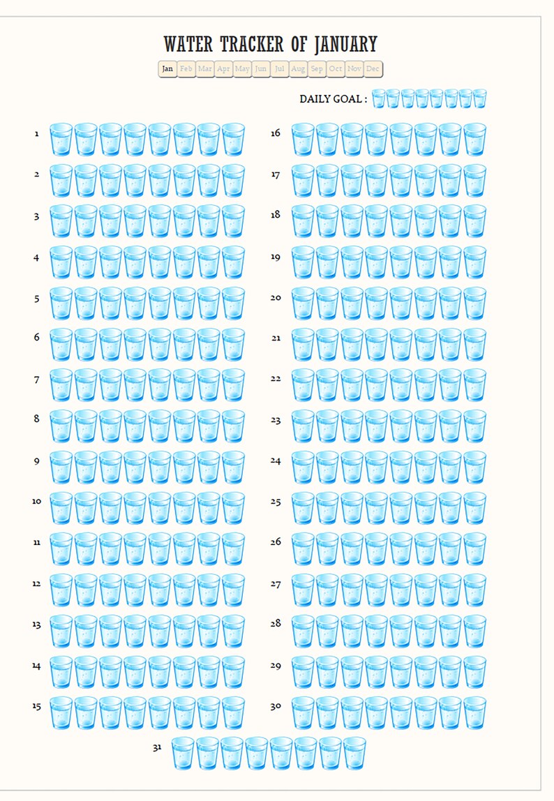 Digital Water Tracker, Water Journal, Water Chart, Daily and Monthly ...