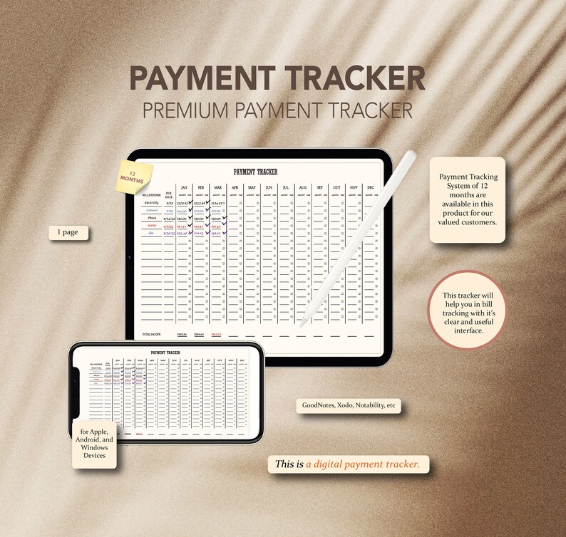 Digital Payment Tracker, Payment Plan, Annual, Monthly, Debt, Payment Log, Budget Tracker, Bill ...