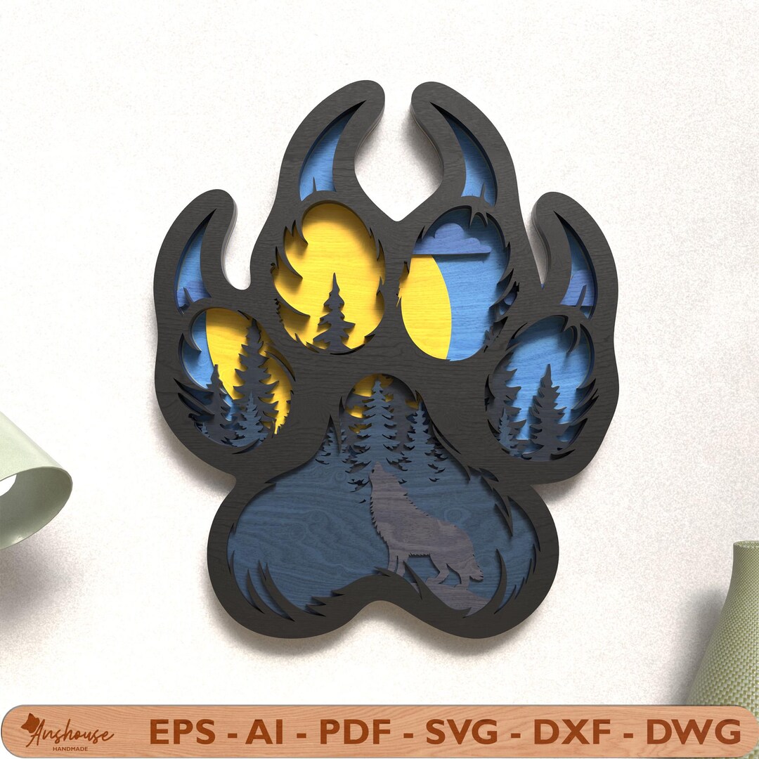 Wolf Paw Print Night Scene Laser Cut Design - Layered SVG DXF PDF - Etsy