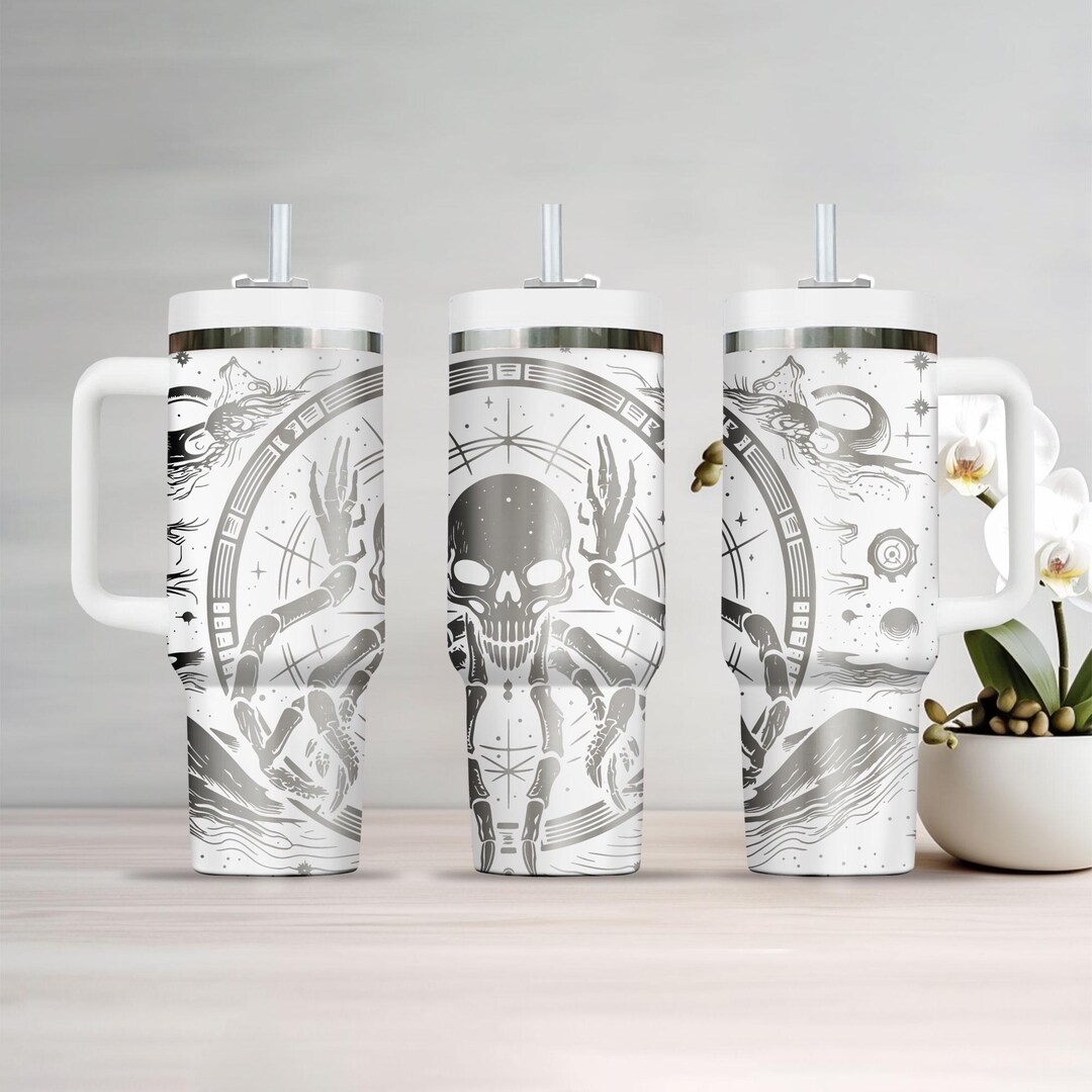 Laser Engraved Skull and Gothic Design Tumbler With Handle Stainless ...