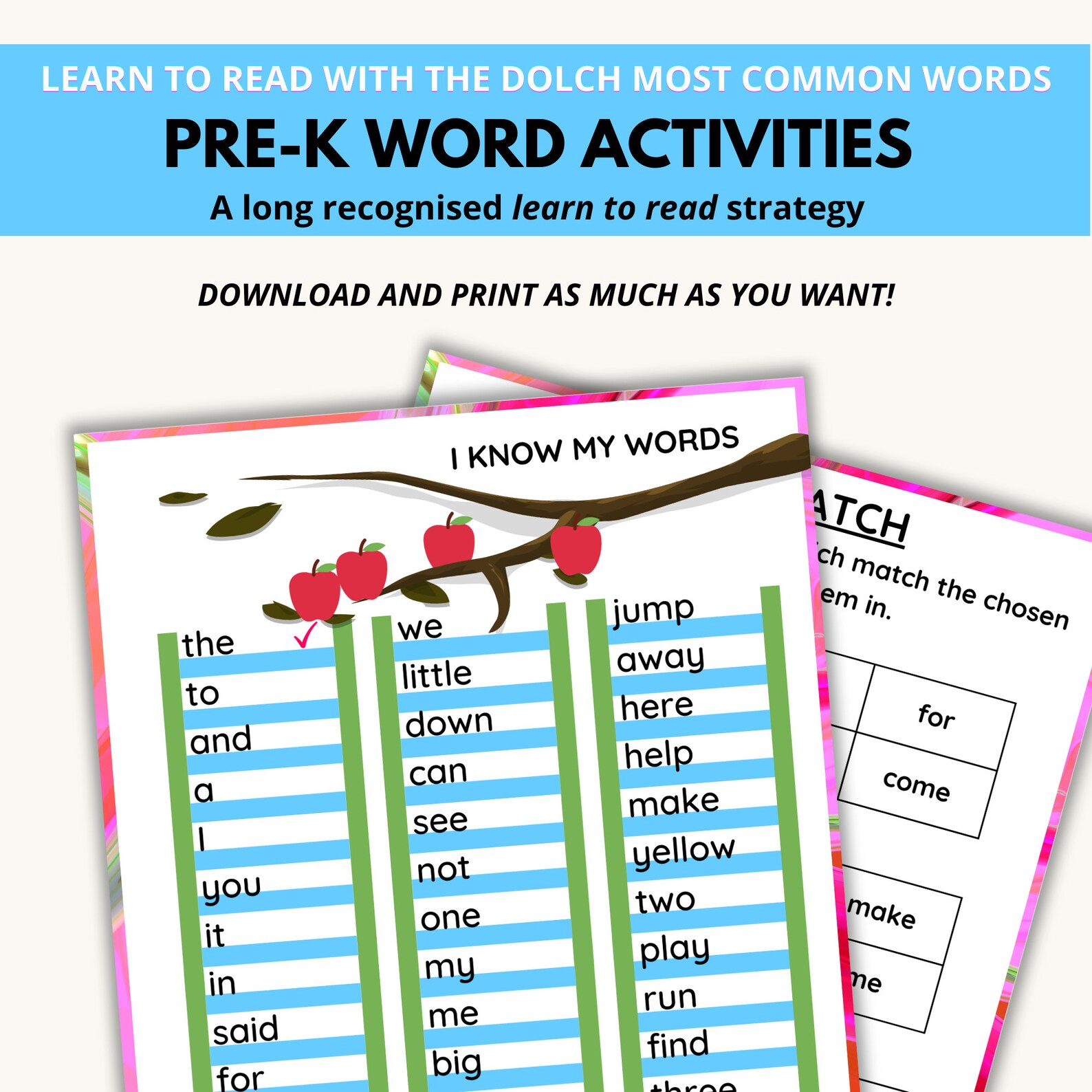 Prek Dolch Sight Words Packet-flashcards and Word Lists, Worksheets and ...