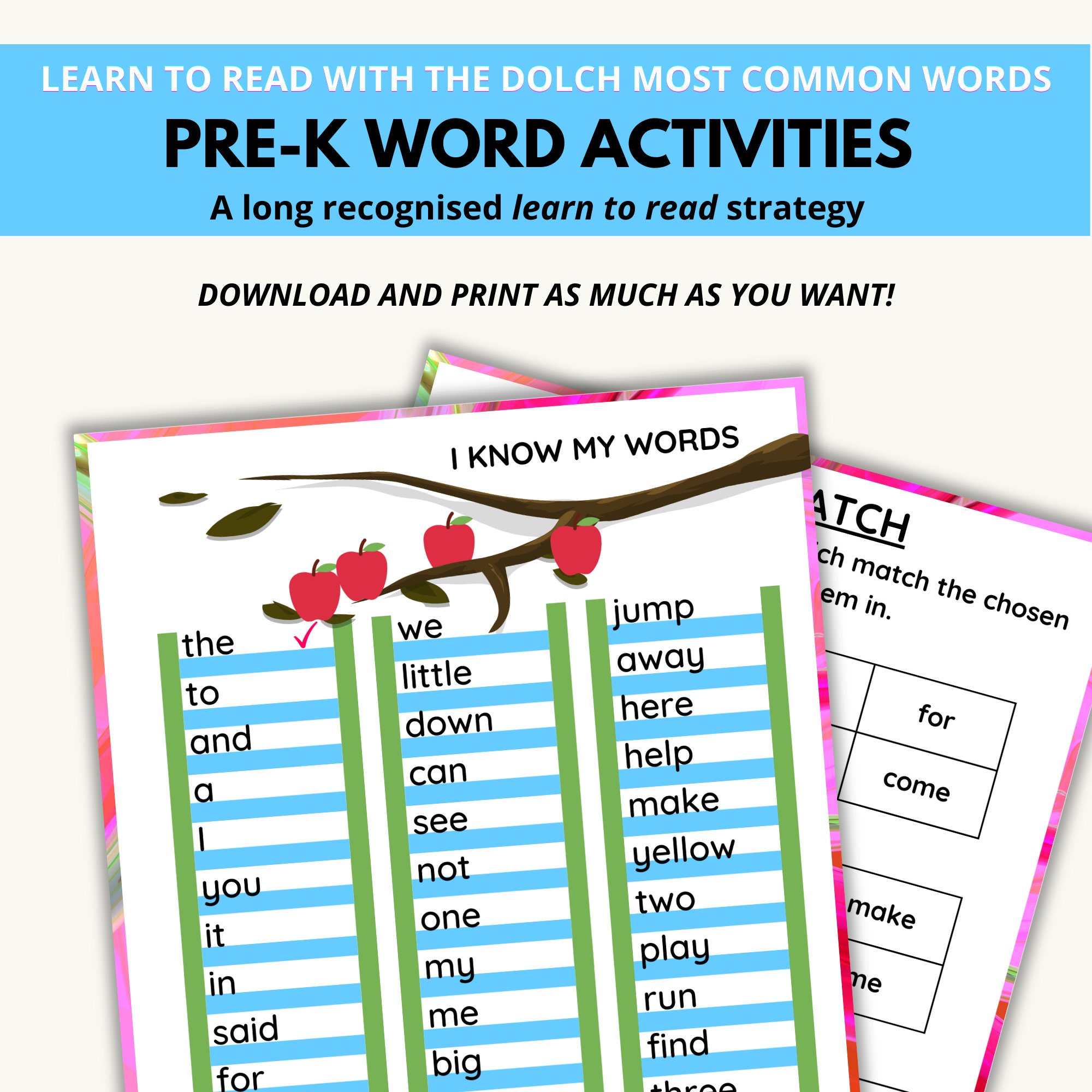 Prek Dolch Sight Words Packet-flashcards and Word Lists, Worksheets and ...