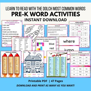 Prek Dolch Sight Words Packet-flashcards and Word Lists, Worksheets and ...