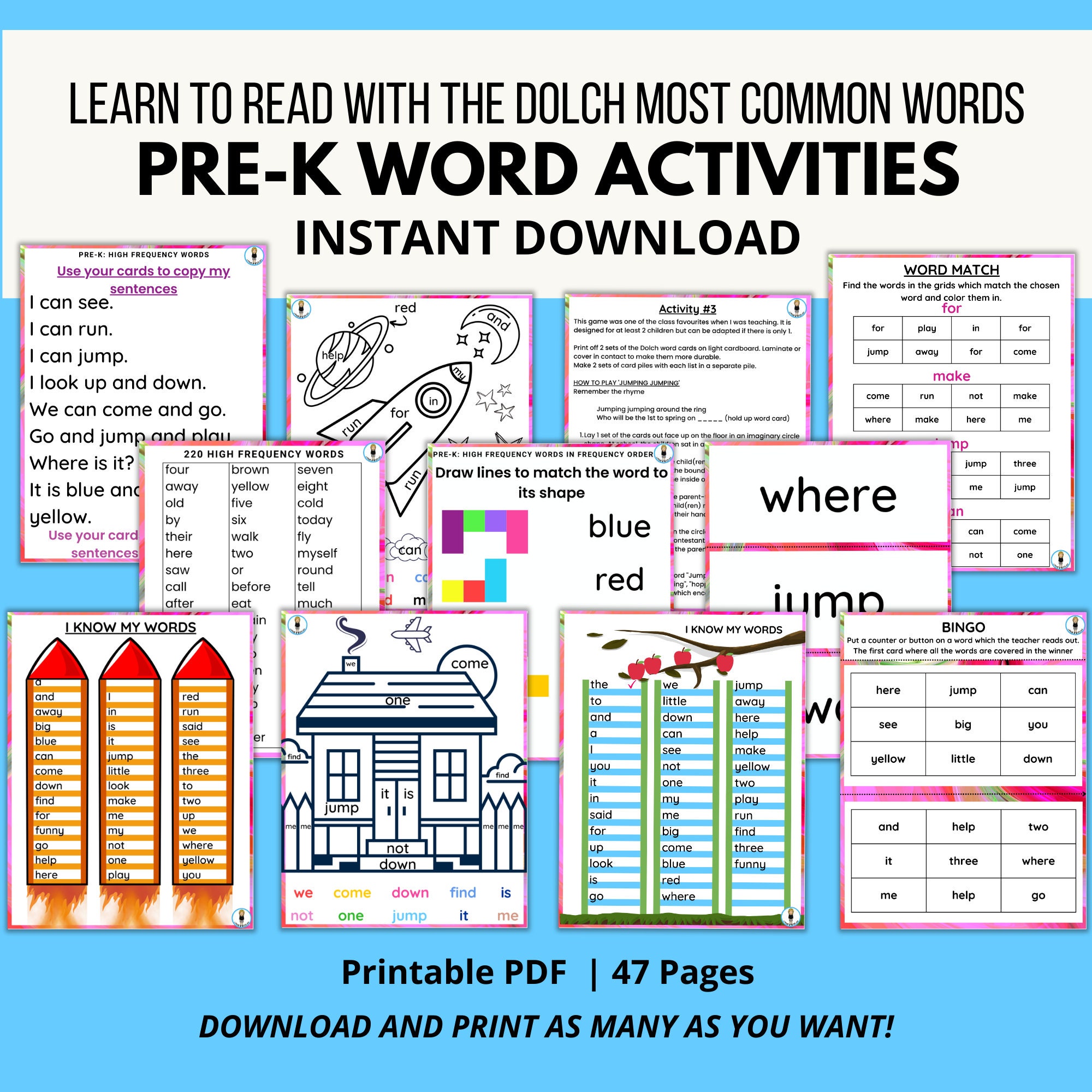 Prek Dolch Sight Words Packet-flashcards and Word Lists, Worksheets and ...