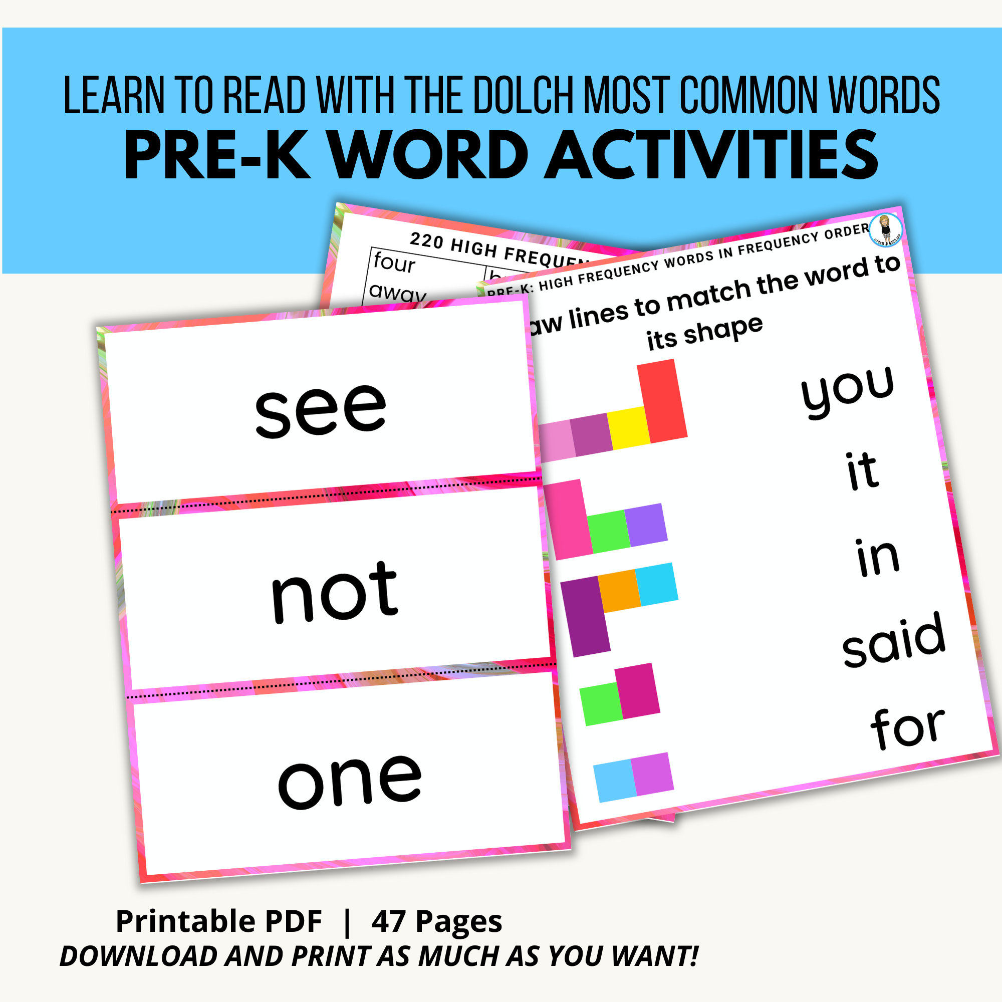 Prek Dolch Sight Words Packet-flashcards and Word Lists, Worksheets and ...