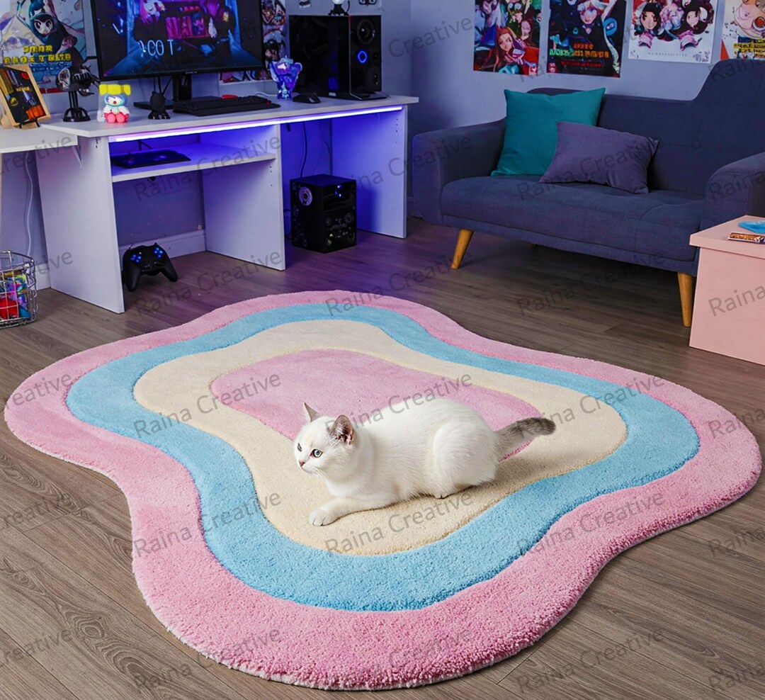 Hand Tufted Wavy Rug, Pastel Pink Blue, Kawaii Room Decor, 5x7 Ft - Etsy