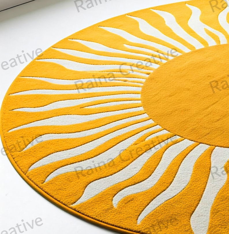 Sunburst Round Rug Mustard Yellow & White Living Room Décor Boho ...