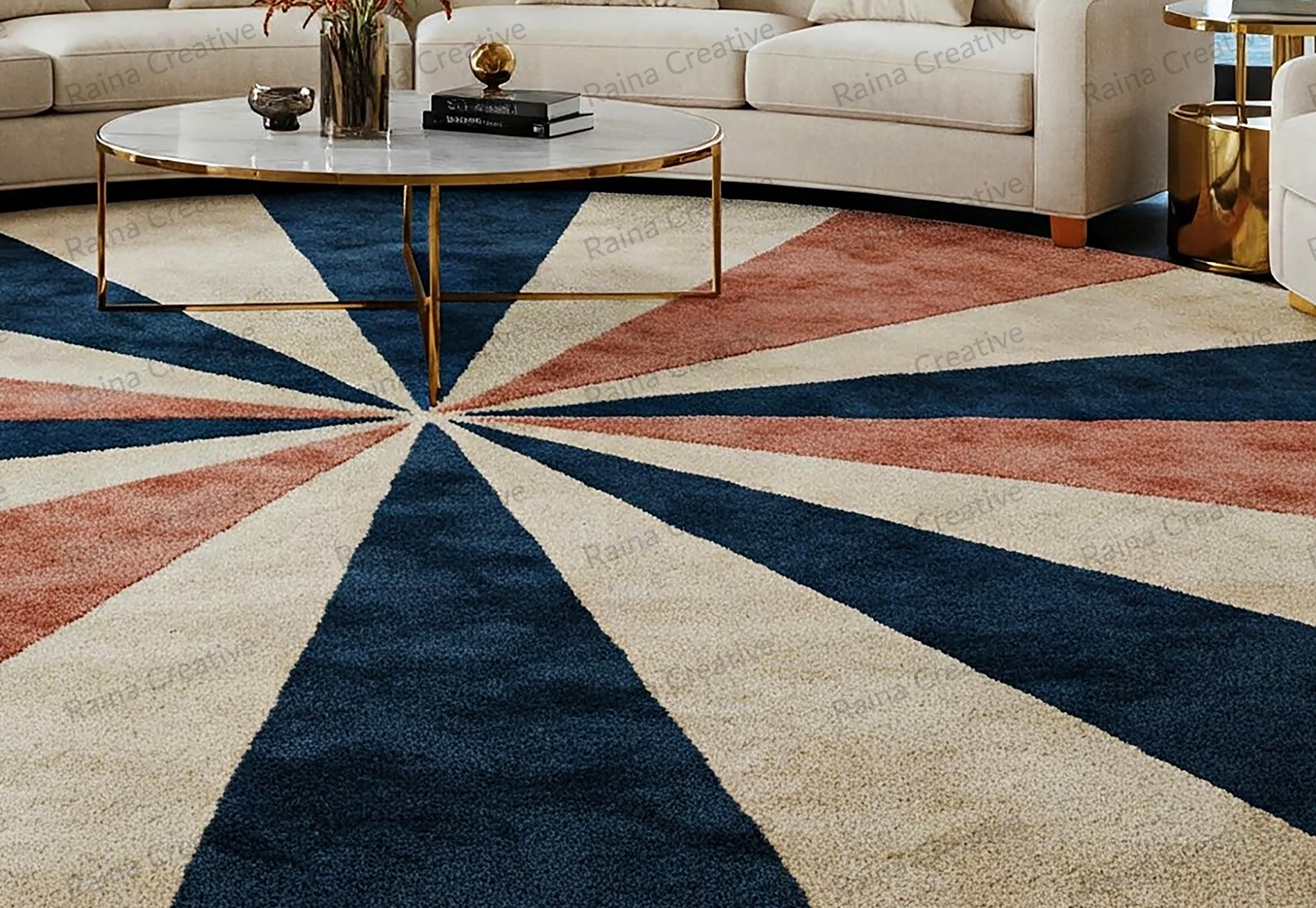 Hand Tufted 8ft Round Rug: Modern Sunray Navy, Rust & Beige - Etsy