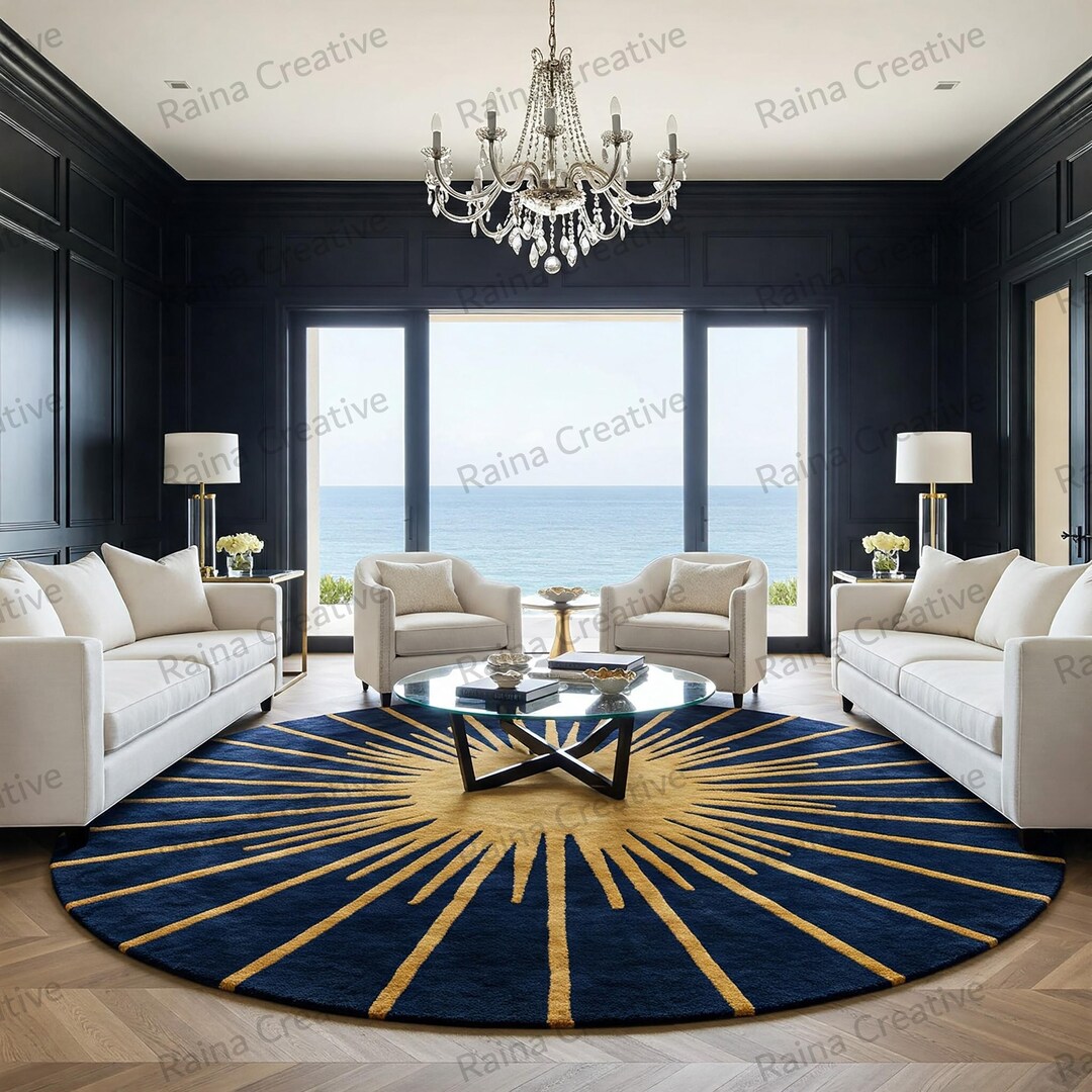 Sunburst Design Rugsunburst Design Rug Navy Gold Wool 12x12 Ft Hand ...