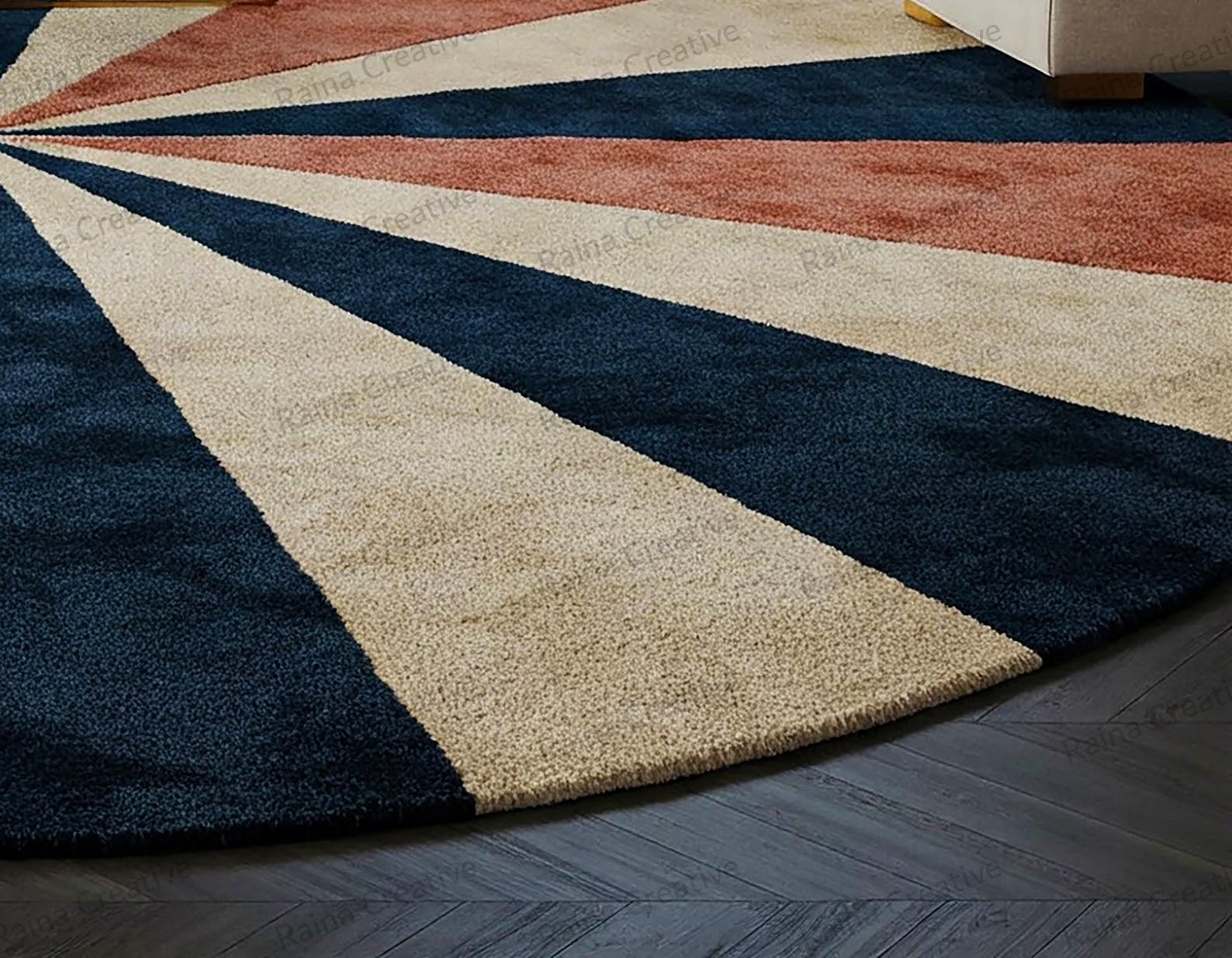 Hand Tufted 8ft Round Rug: Modern Sunray Navy, Rust & Beige - Etsy