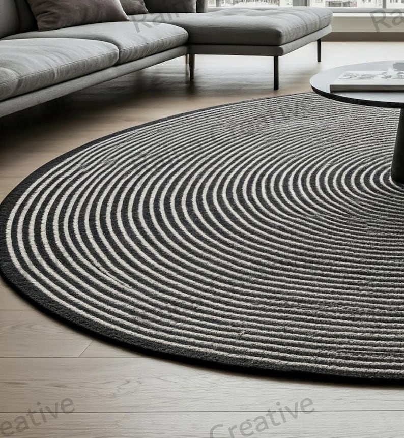 Modern Minimalist Round Rug - Black & White Geometric Circle Rug ...