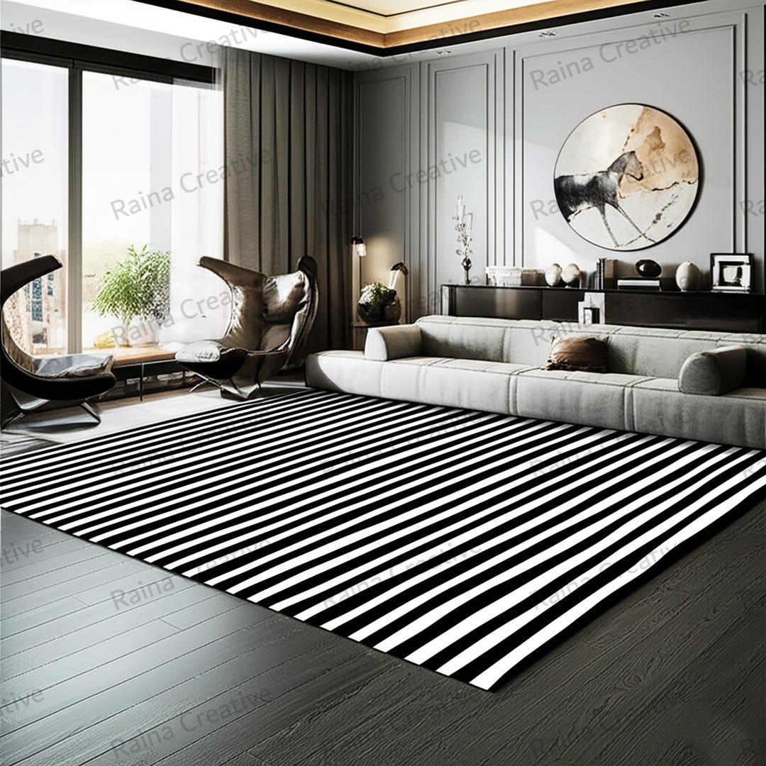 Hand Tufted Black and White Striped Rug: Modern 6x9 Area Carpet - Etsy