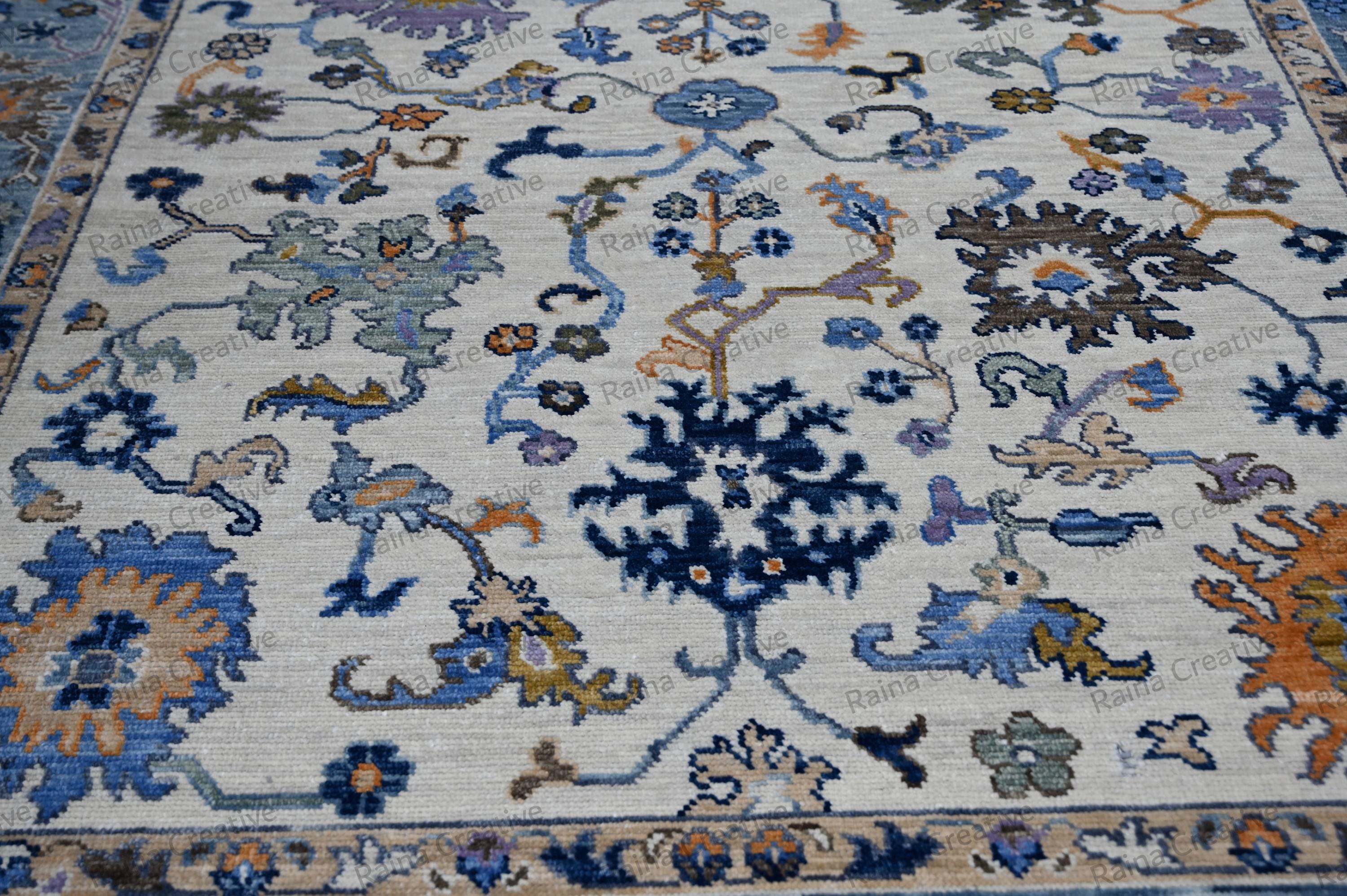 Hand Knotted Turkish Rug: Blue Ivory Persian Style Floral Carpet Made ...