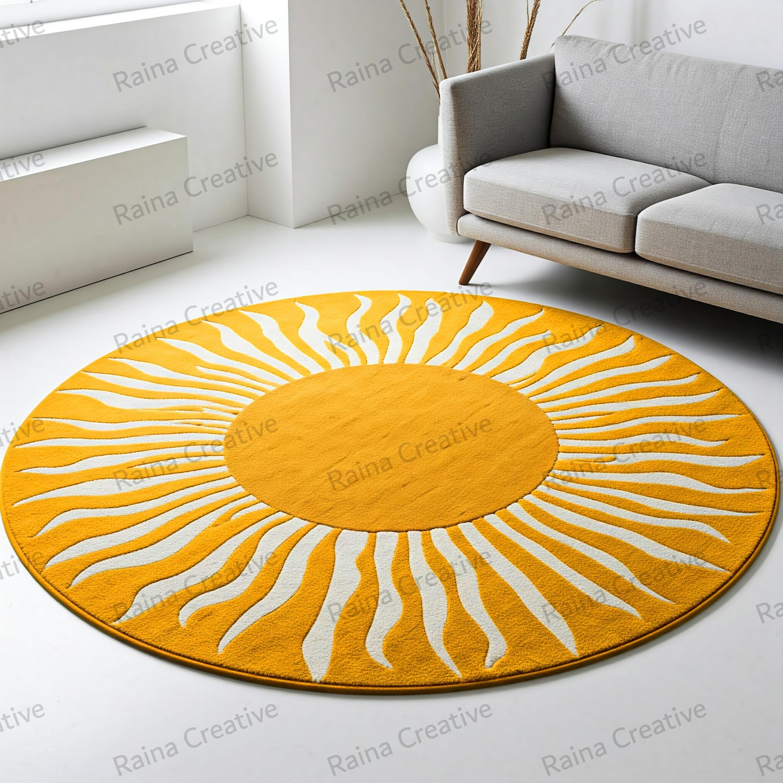 Sunburst Round Rug - Mustard Yellow & White Living Room Décor | Boho ...