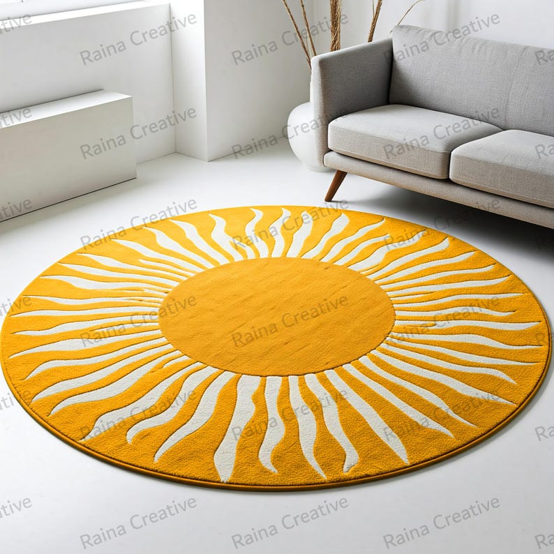 Sunburst Round Rug - Mustard Yellow & White Living Room Décor | Boho ...
