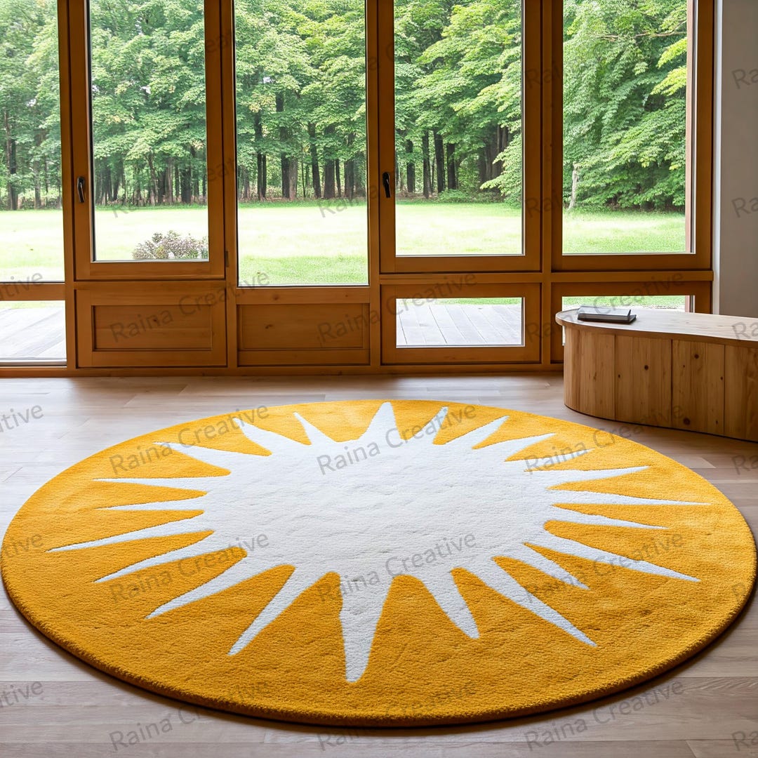 6ft Handcrafted Sunburst Round Rug - Mustard Yellow & White Boho ...