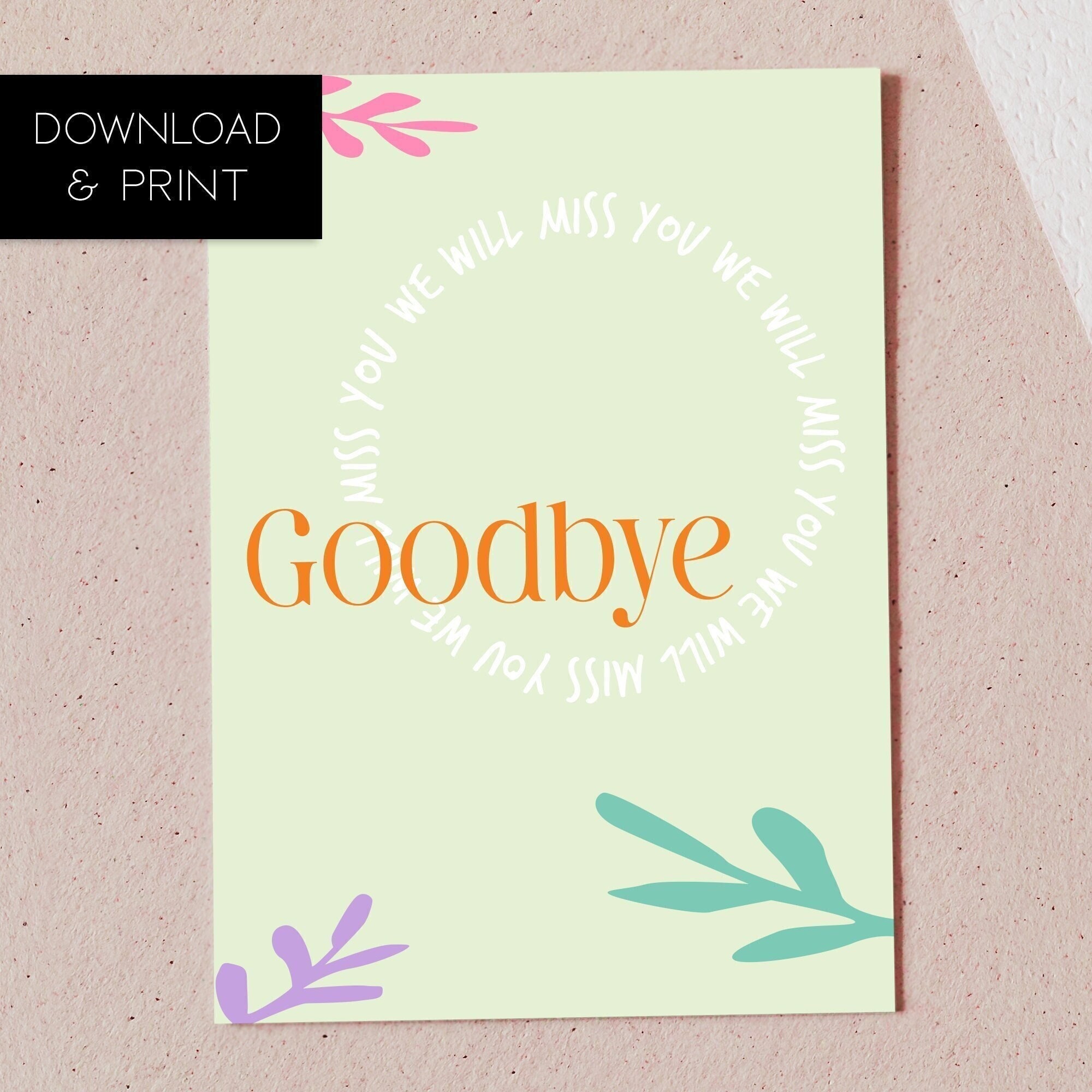 Printable Pastel Leaves Goodbye Card | Digital Farewell Card ...