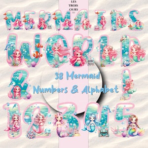 Cute Watercolor Mermaid Birthday Clipart Bundle PNG, Mermaid Alphabet ...