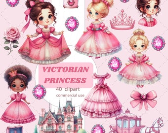 Watercolor Victorian Princess Clipart: Pink Dresses, Castle PNG Set - Etsy