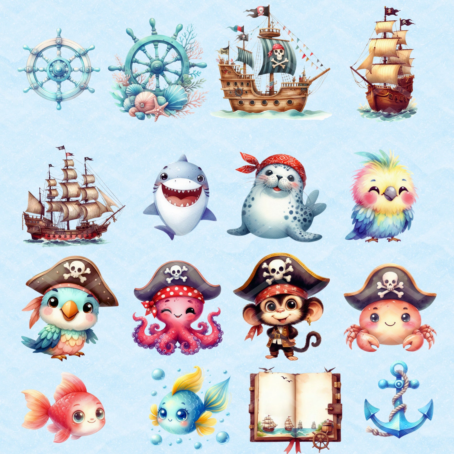 64 Pirate Watercolour Clipart - Cute Pirate Clipart, Pirate Watercolor ...