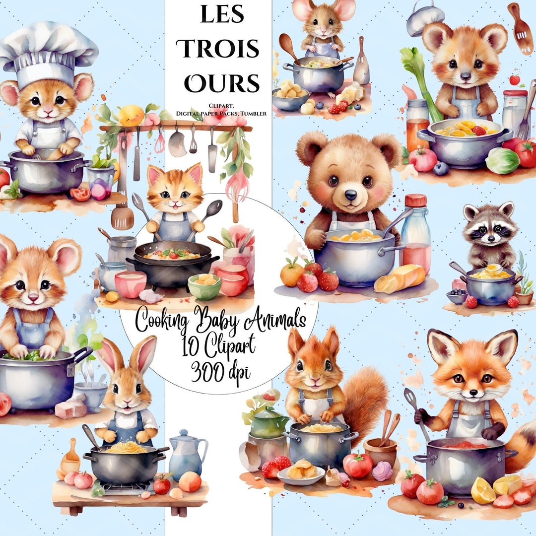 Cute Watercolor Baby Animal Clipart , Kitchen Clipart, Adorable Cooking ...