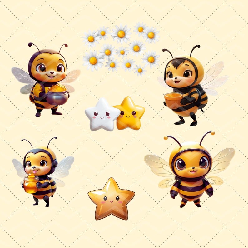 Honey Bee Clipart Cute Bee Clip Art Bundle , Stars Flowers Beehive ...