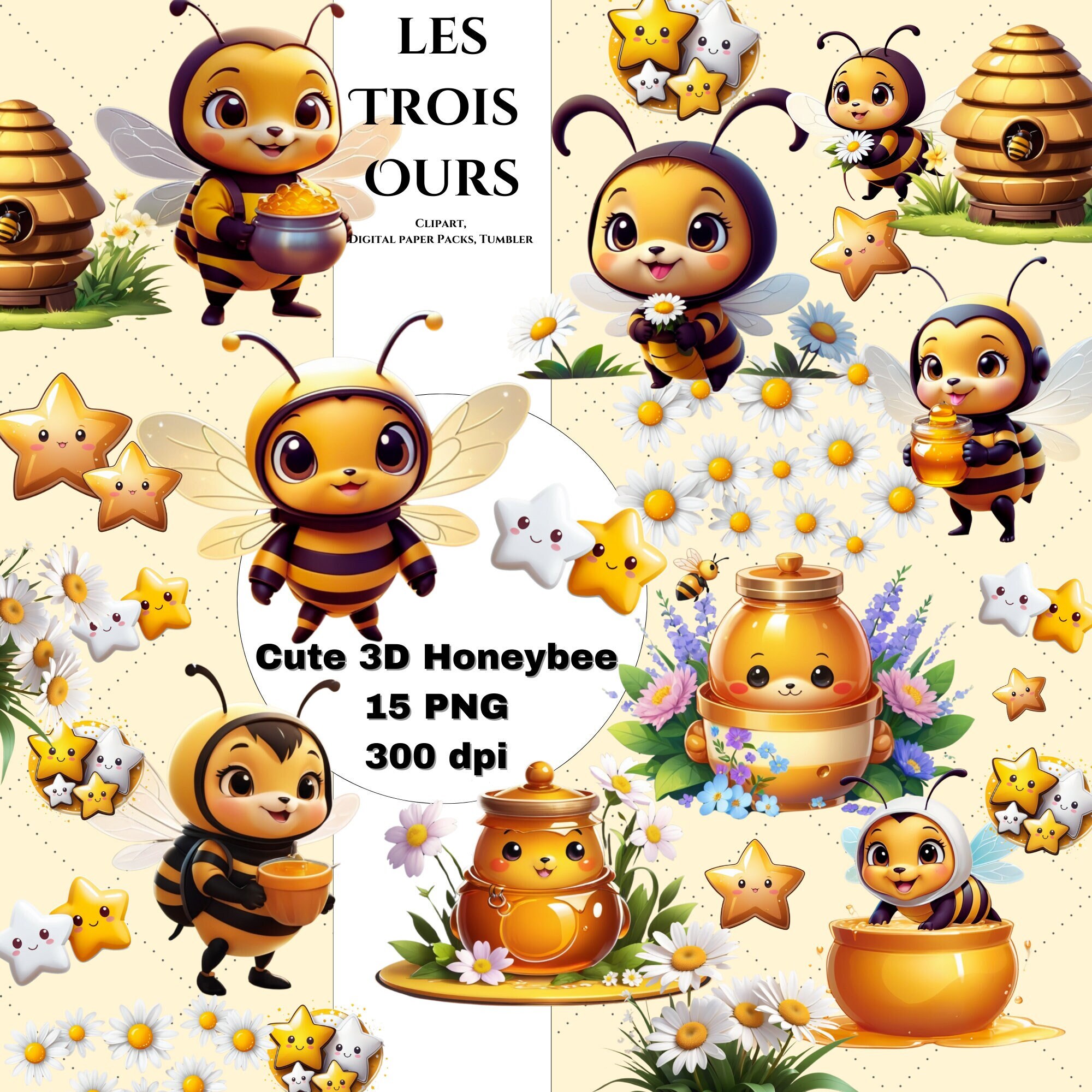 Honey Bee Clipart Cute Bee Clip Art Bundle , Stars Flowers Beehive ...