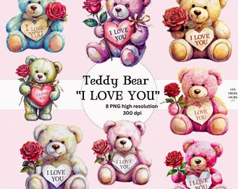 Watercolor Teddy Bear Clipart: Valentine's Day Nursery Art (digital ...