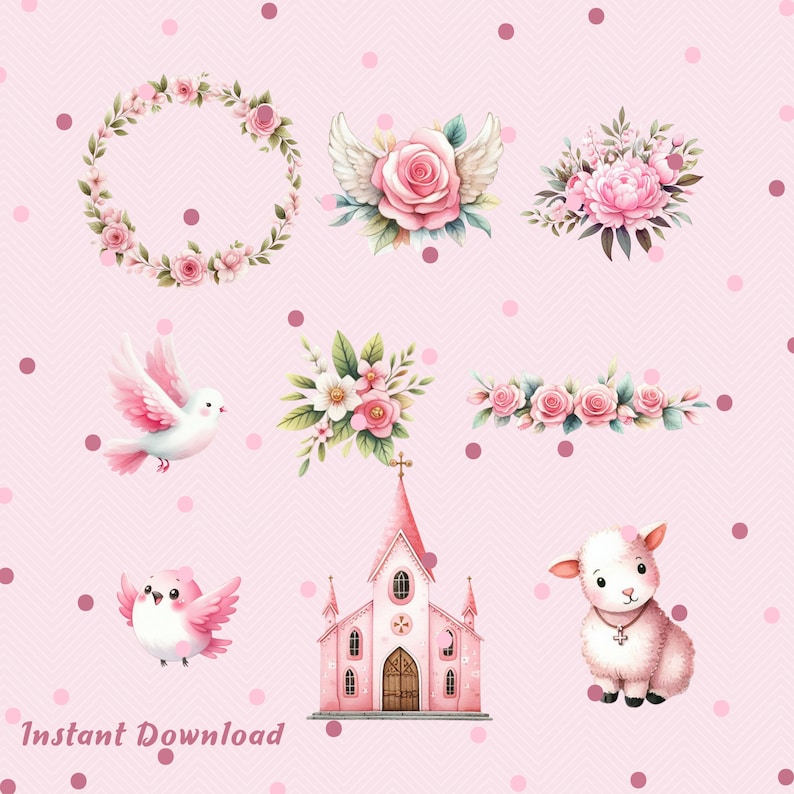 First Communion Clipart: Pink Watercolor Girls, Church (digital ...