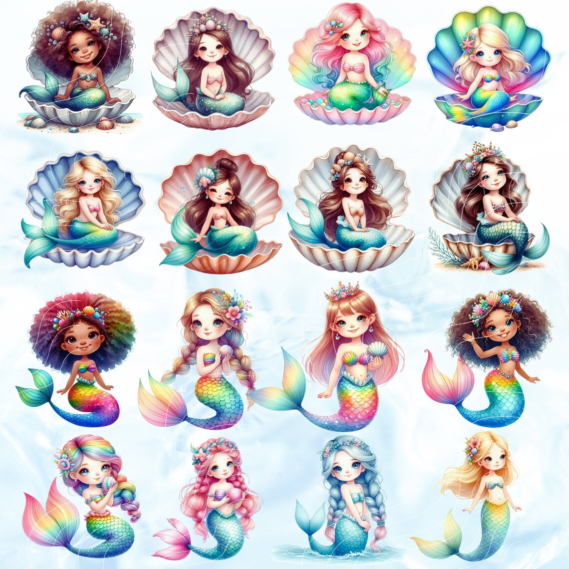 51 Cute Mermaid Clipart, Watercolor Cute Mermaid Clipart, Rainbow ...