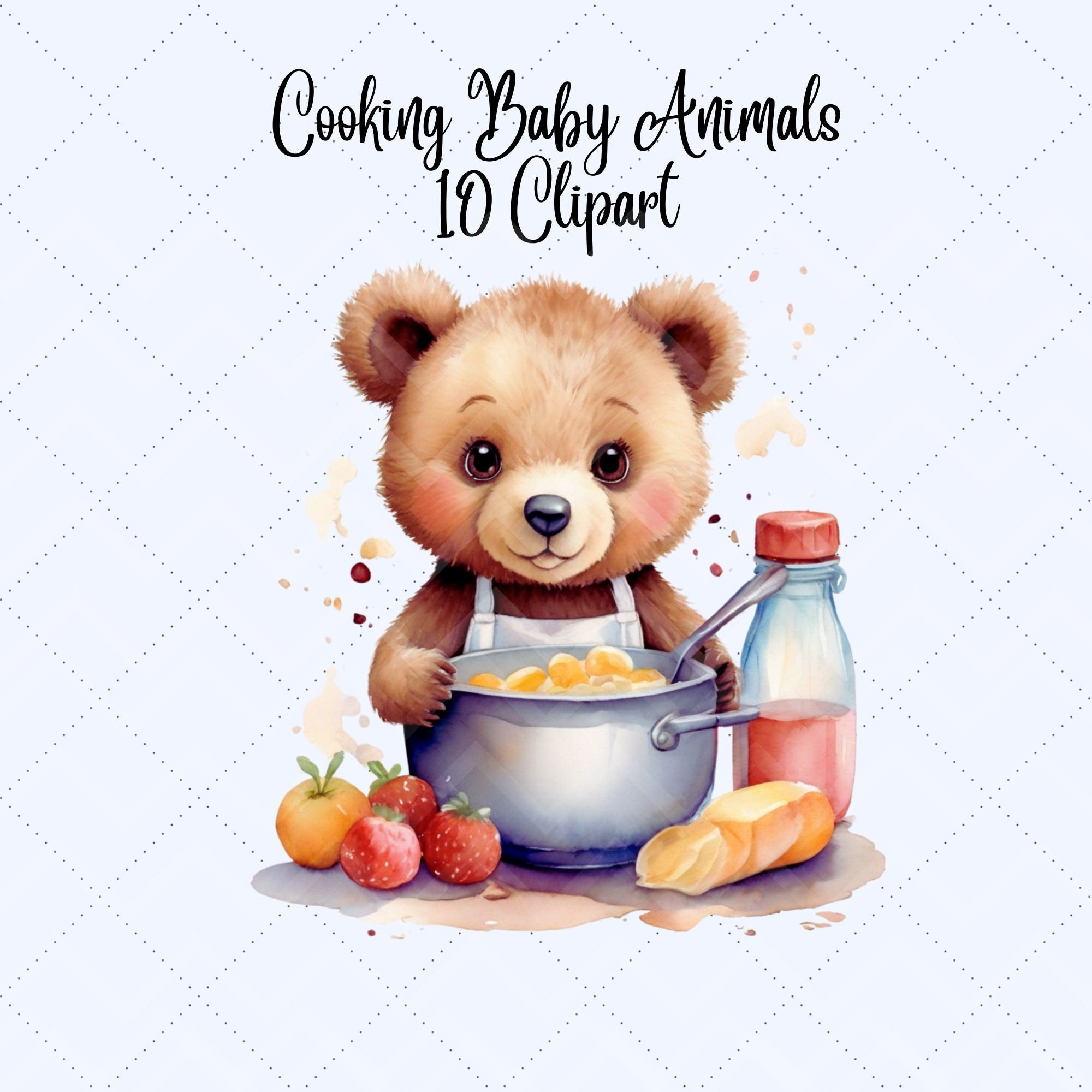 Cute Watercolor Baby Animal Clipart , Kitchen Clipart, Adorable Cooking ...