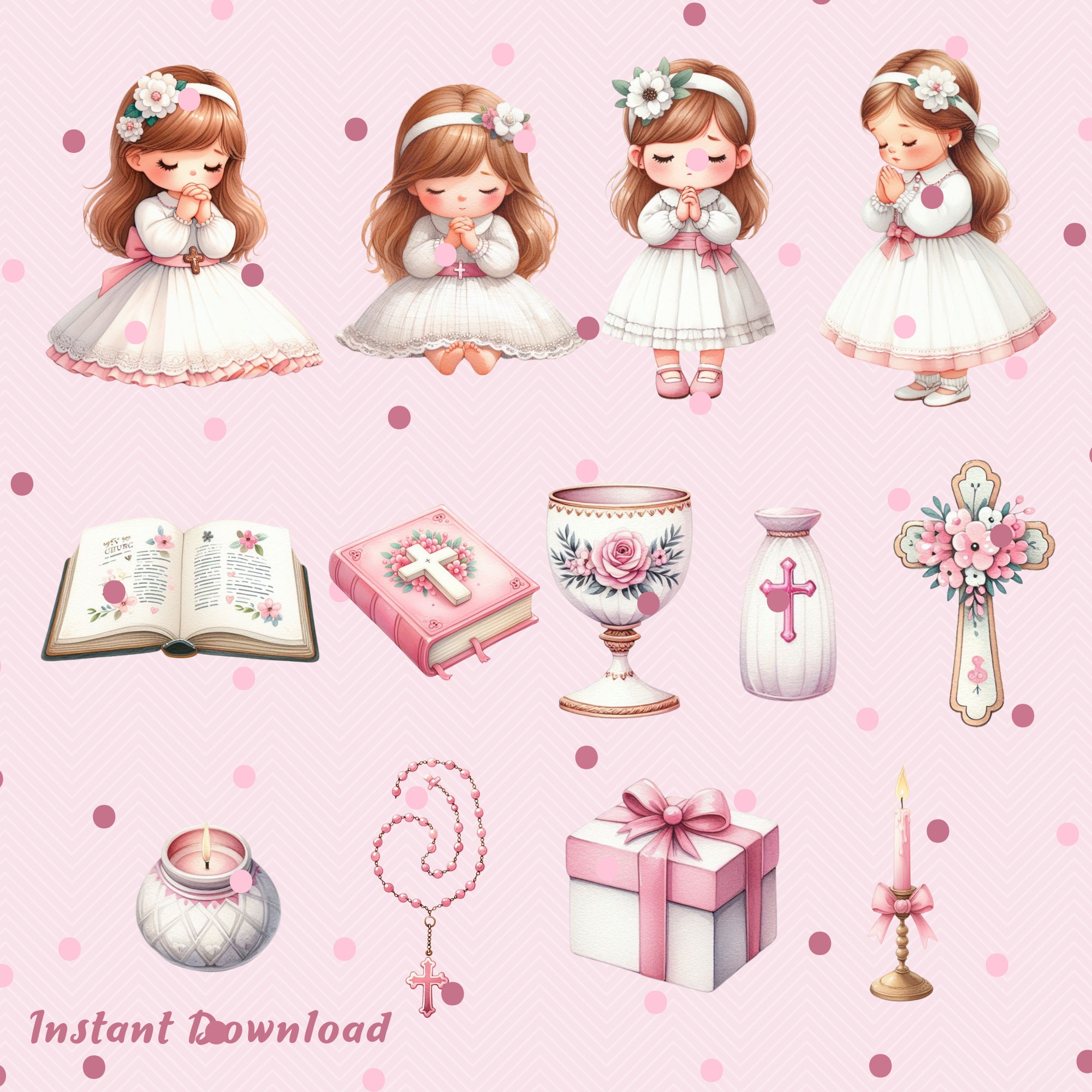 Watercolor First Communion Clipart Bundle: Girl, Birds, Flowers ...