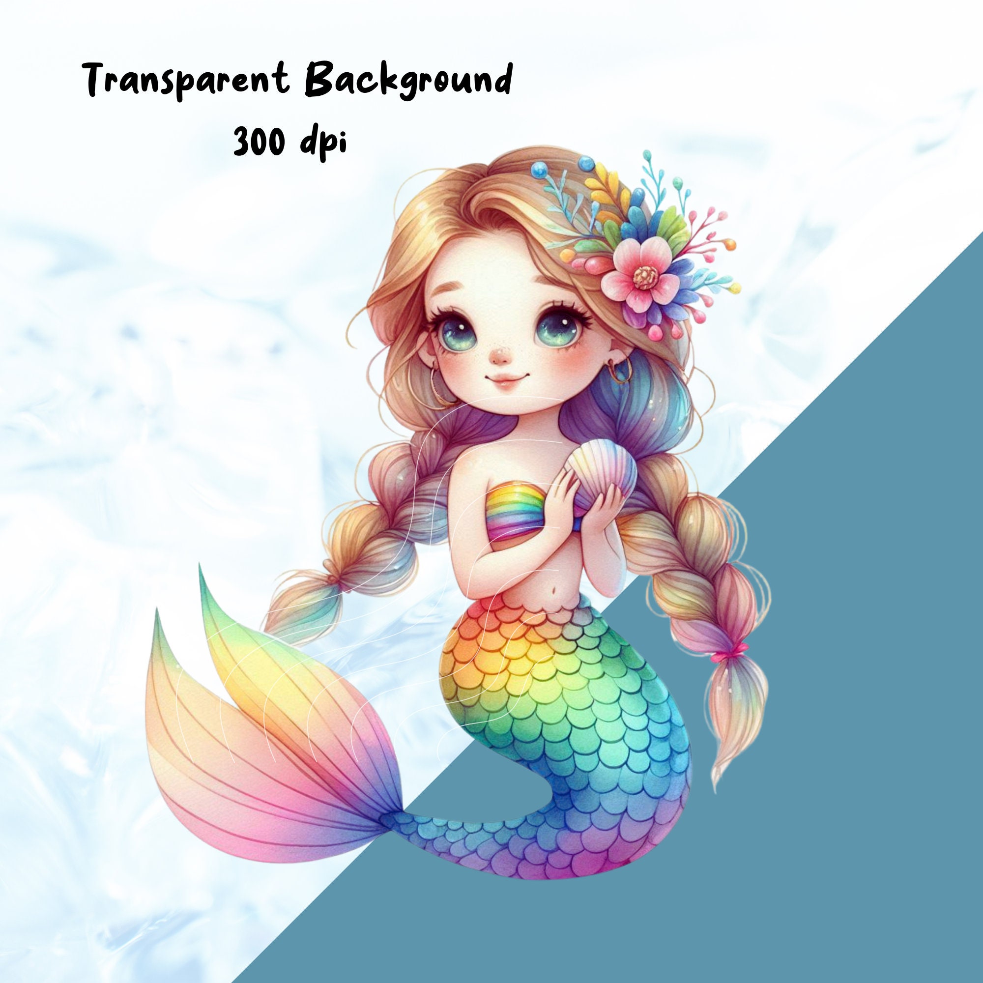 51 Cute Mermaid Clipart, Watercolor Cute Mermaid Clipart, Rainbow ...